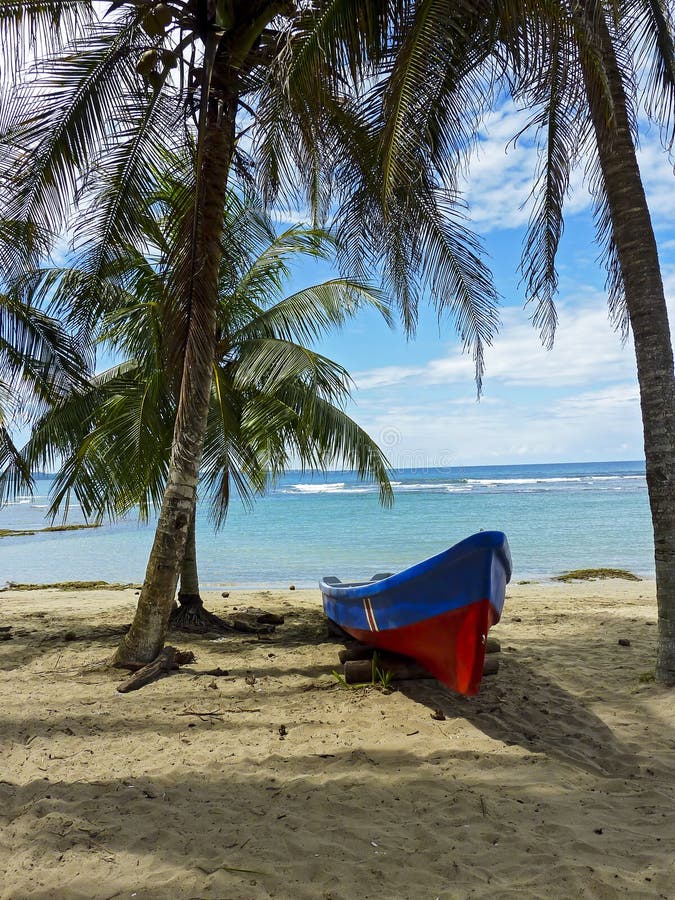 Boot Op Een Tropisch Strand Met Kokospalm Stock Afbeelding - Image of ...