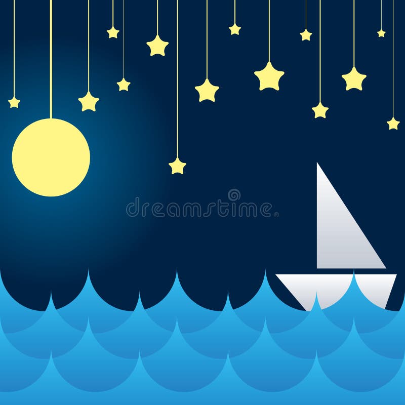 Boot Op Zee Golven, Maan En Ster Vector Illustratie - Illustration of ...