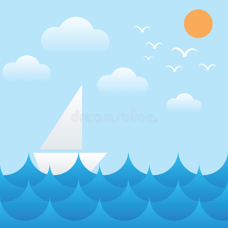 Boot Op Zee Golven, Zon, Hemel En Wolk Vector Illustratie ...