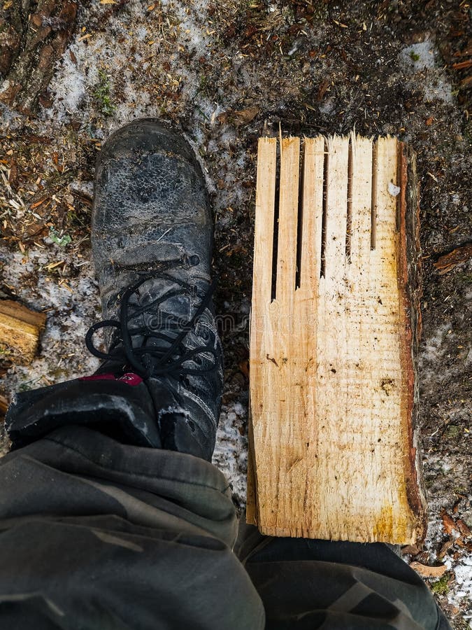 A Boot and a Stick of Wood in the Shape of a Foot Stock Photo - Image ...