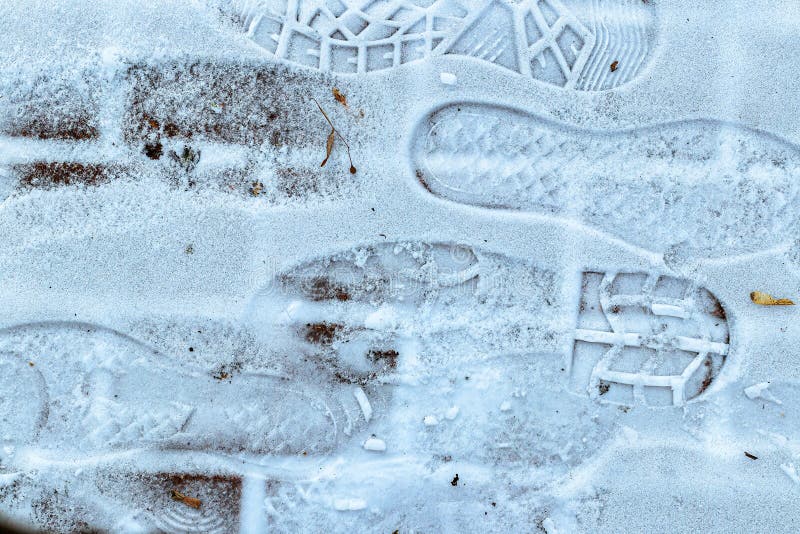 Boot Track on Thin First Snow in Winter. Stock Image - Image of ...