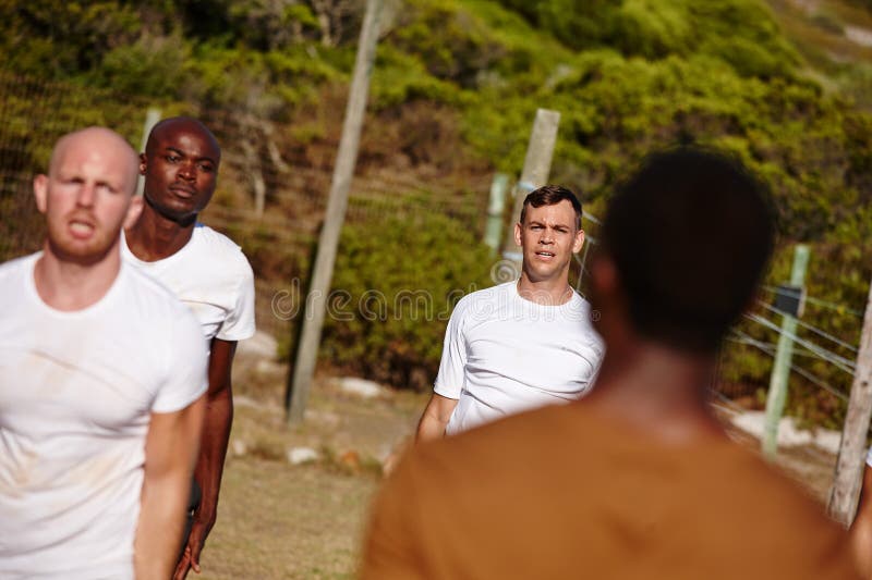 Bootcamp, Drill and Training with Group of Men Outdoor on Military Base ...