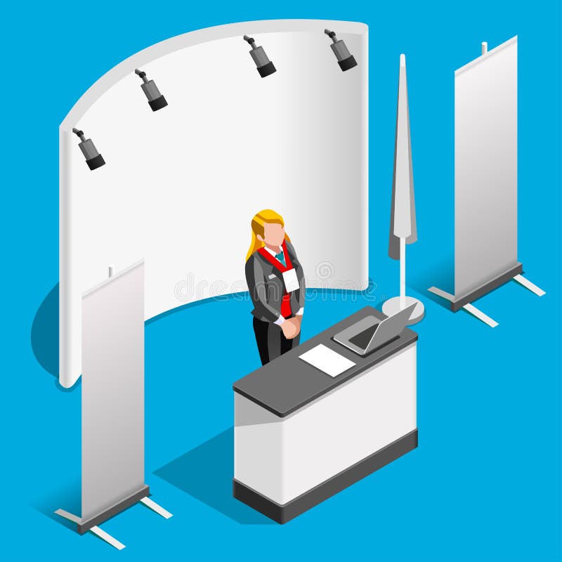 Booth Stand 3D Exhibition Isometric People Vector Illustration Stock ...