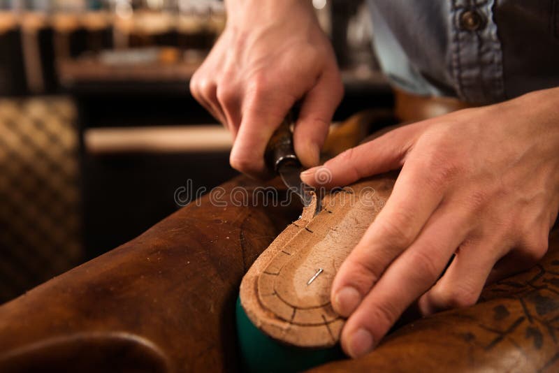 Bootmaker Sitting in Workshop Making Shoes Stock Image - Image of ...