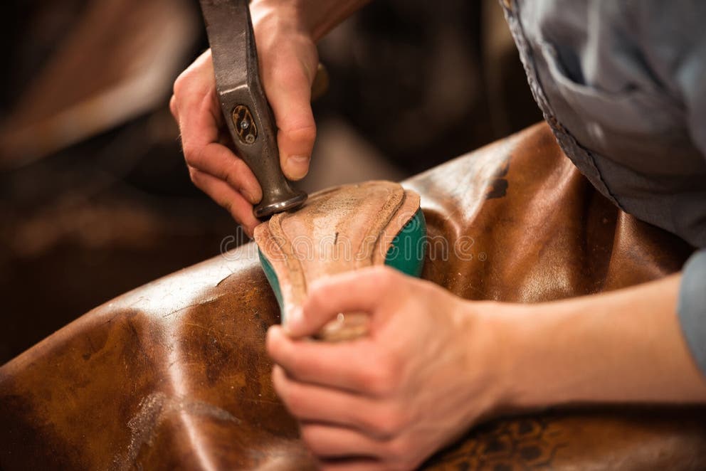 Bootmaker Sitting in Workshop Making Shoes Stock Image - Image of craft ...