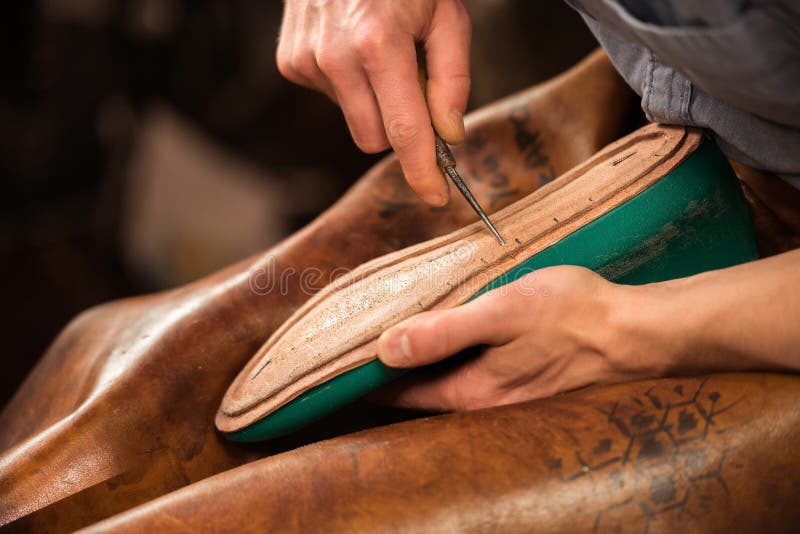 Bootmaker Sitting in Workshop Making Shoes Stock Image - Image of ...