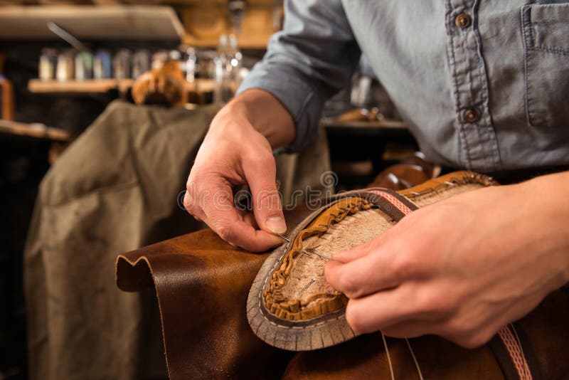 Bootmaker Sitting in Workshop Making Shoes Stock Image - Image of ...