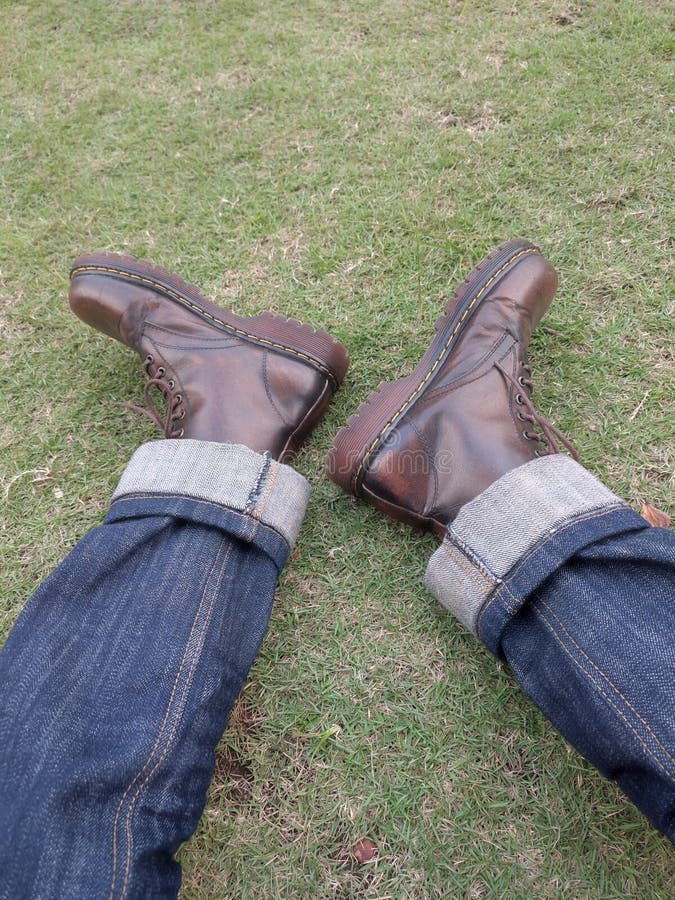 Boots Brown Denim Selvedge Grass Stock Image - Image of boots, denim ...