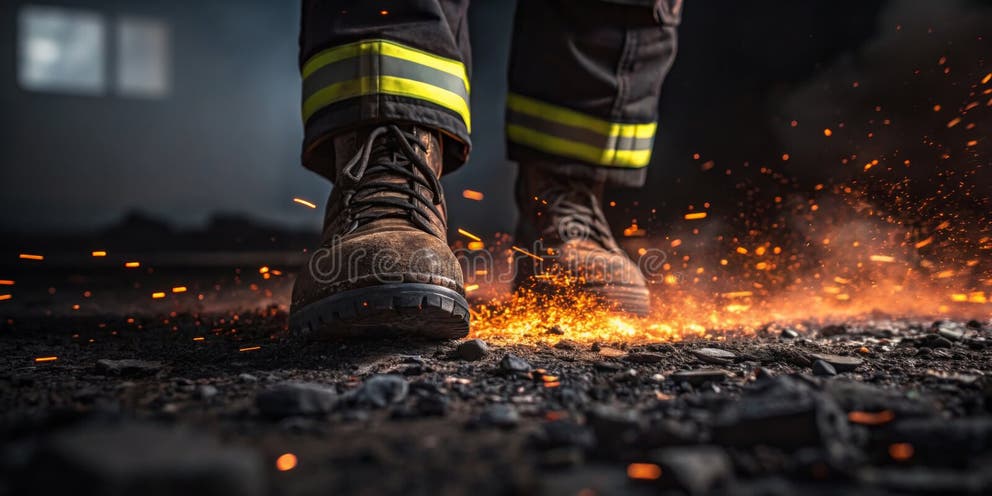 Boots of a Firefighter Walking through Sparks during a Training ...