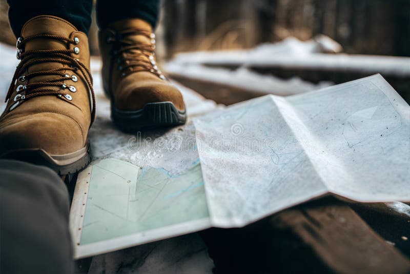 Boots and Map on Snowy Surface Stock Illustration - Illustration of ...