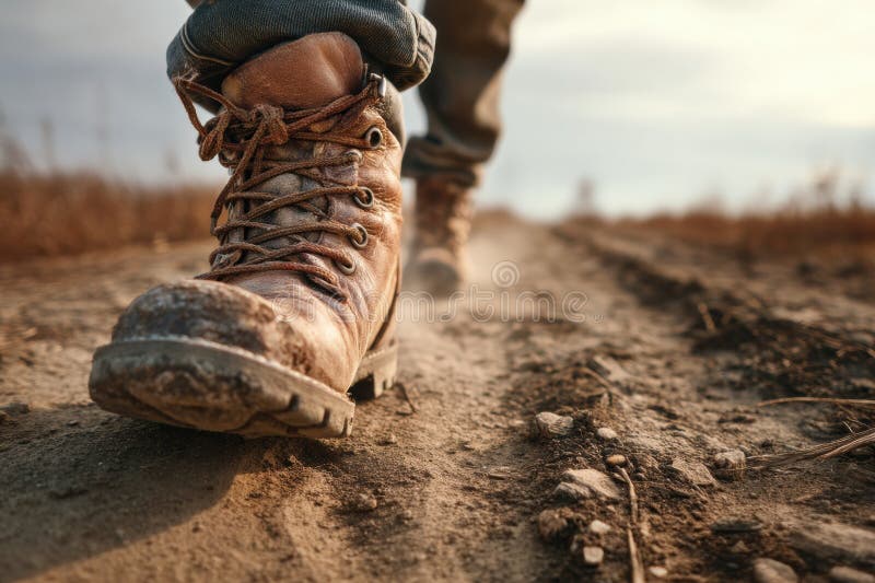 Boots Navigating a Dusty Trail during an Adventurous Journey at Sunset ...