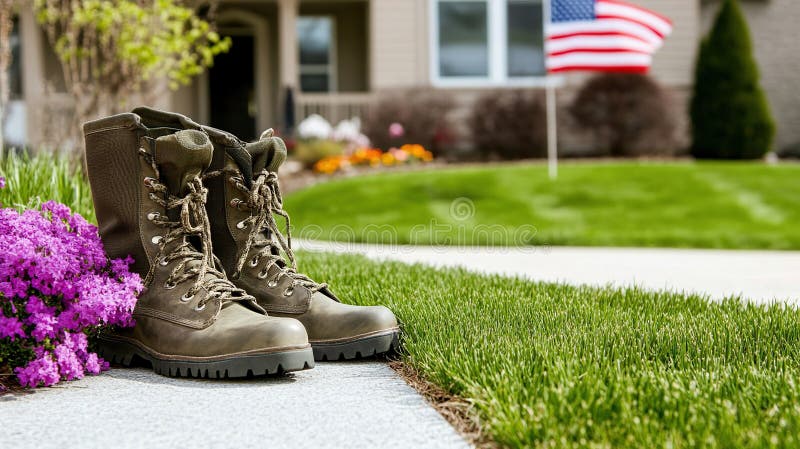 Boots Resting on Suburban Walkway, Flag Backdrop Stock Image - Image of ...