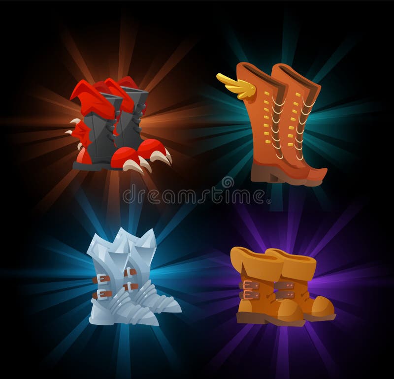 Boots and Shoes with Magic Glow Effect for Game, Flat Vector ...