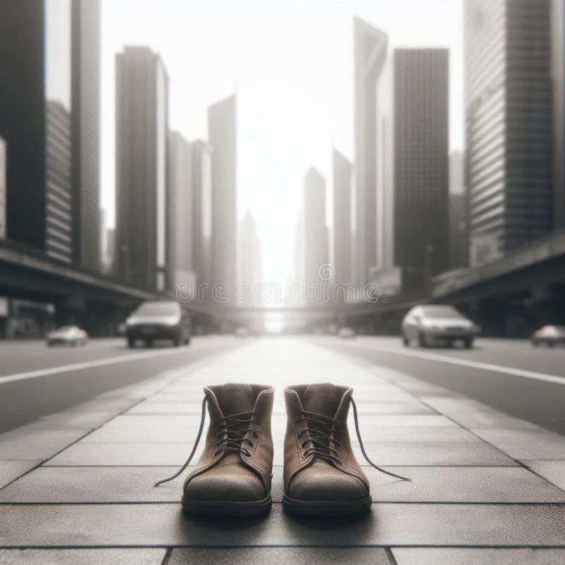 Boots on the Sidewalk Against the Backdrop of City High-rises. Stock ...