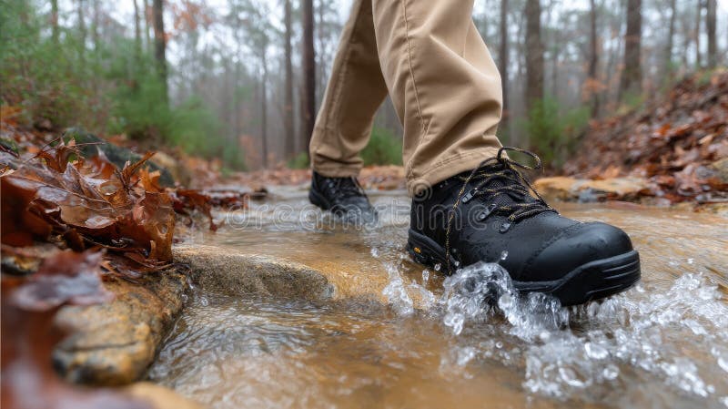 Boots Traverse a Shallow Stream, Splashing Water while Navigating Rocky ...