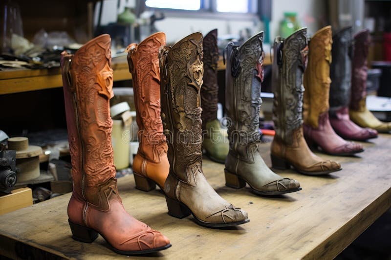 Boots in Various Stages of Production on Workbench Stock Illustration ...