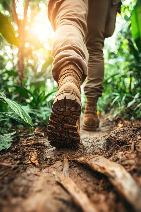 Boots Walk on a Muddy Forest Path. Person Walks through Green Trees ...