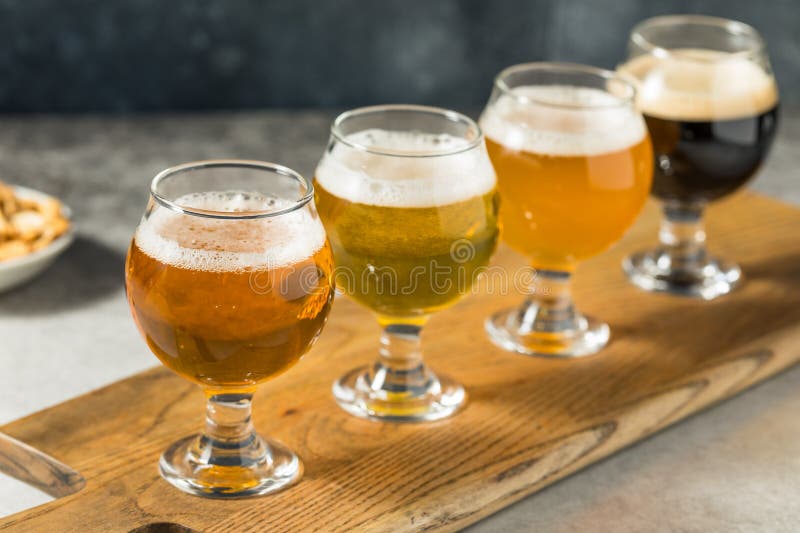 Boozy Cold Refreshing Craft Beer Flight Stock Image - Image of american ...
