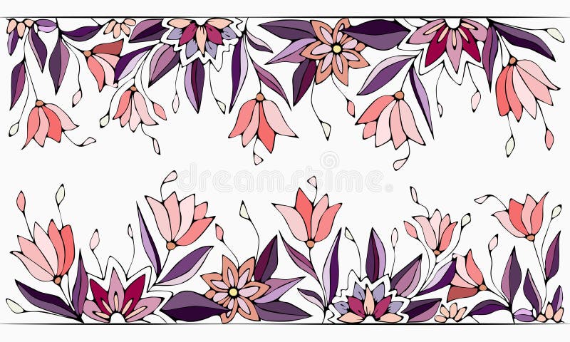 Colorful Horizontal Floral Border. Pink Flowers and Violet Leaves on ...