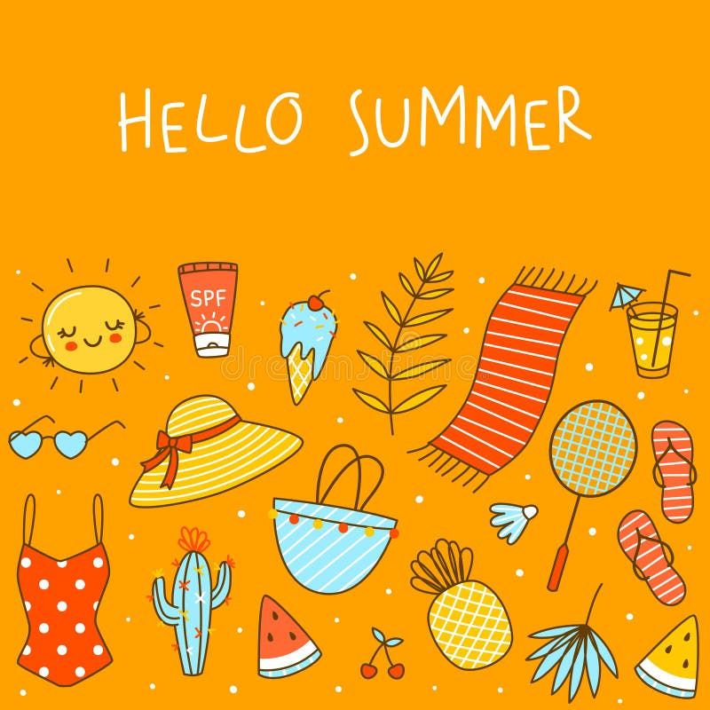 Border Background with Cute Summer Items Isolated on White - Cartoon ...