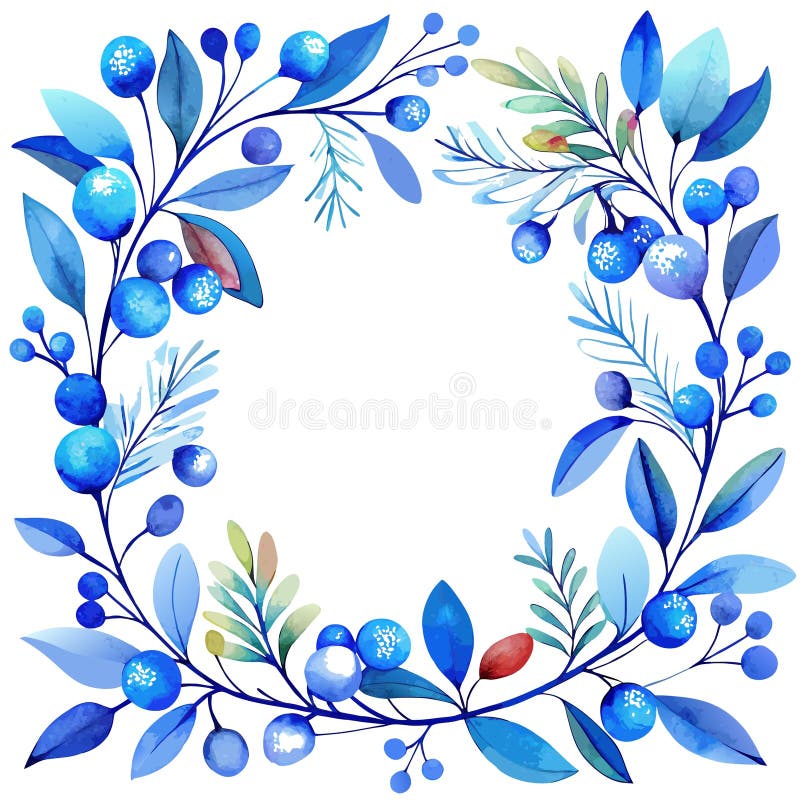 Border of Blue Branches of Mistletoe Watercolor. Template for ...