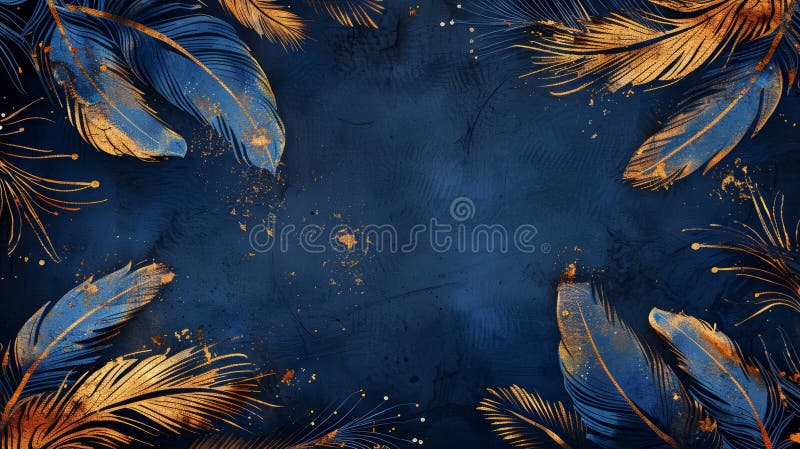 A Border of Blue and Gold Feathers Arranged on a Dark Blue Background ...