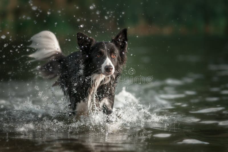 Border Collie Dog Running in the Water, Many Splashes Stock Image ...