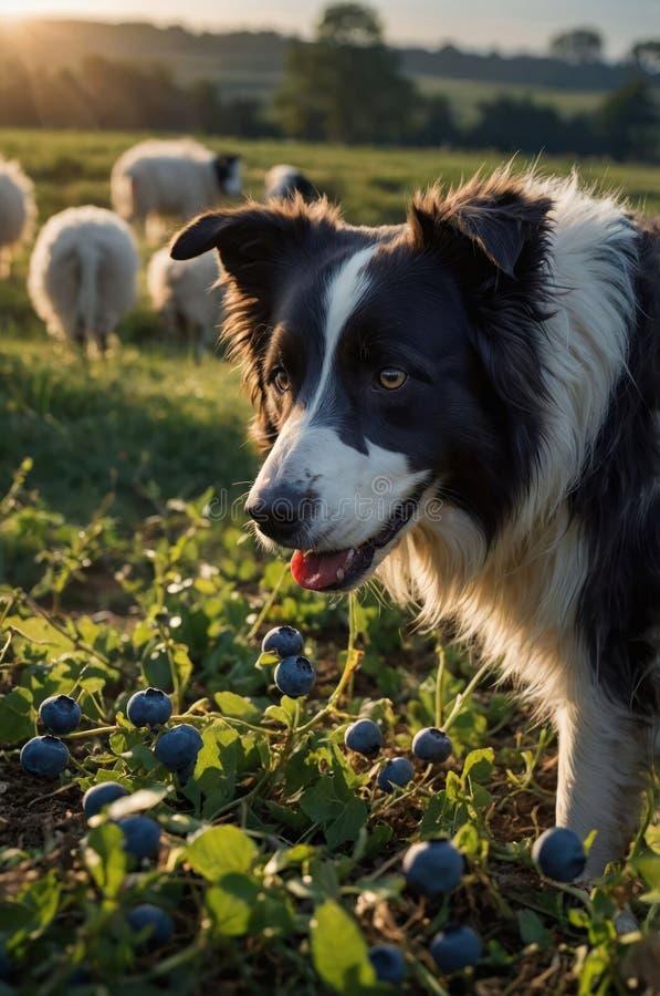 A Charming Border Collie Dog in a Blueberry Field at Sunset Stock ...