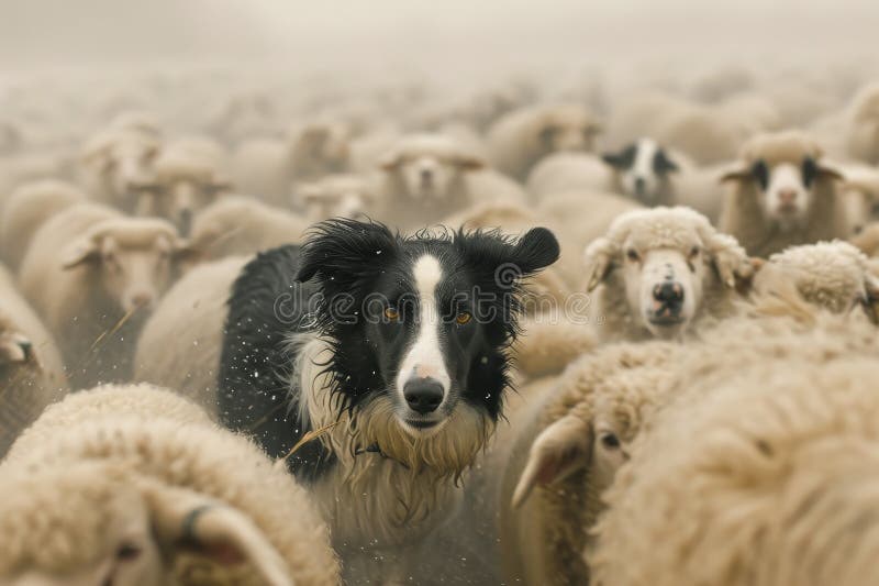 Border Collie Sheep Dog Working a Flock of Sheep Stock Illustration ...