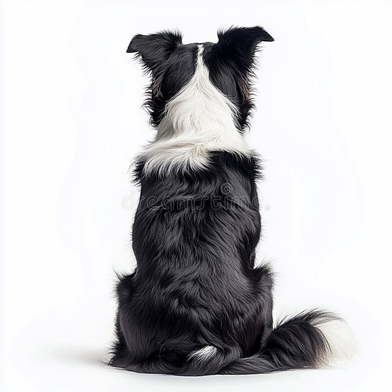 Border Collie Sitting with Back To Camera on White Surface Isolated on ...