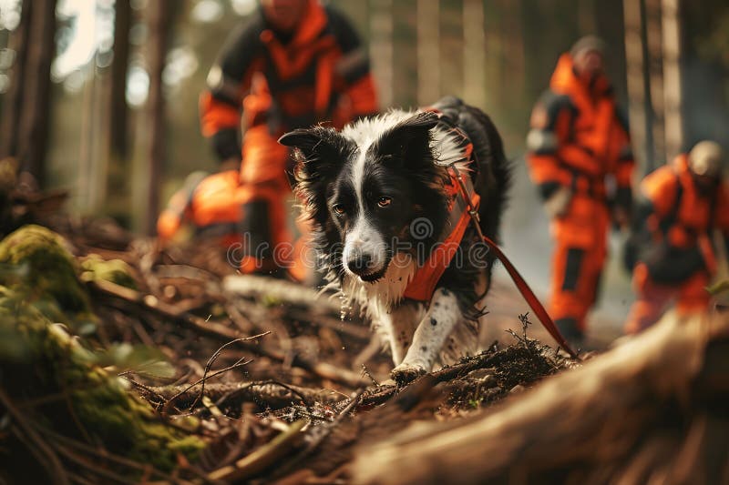 Border Collie Working with Search and Rescue Team in a Forest Stock ...