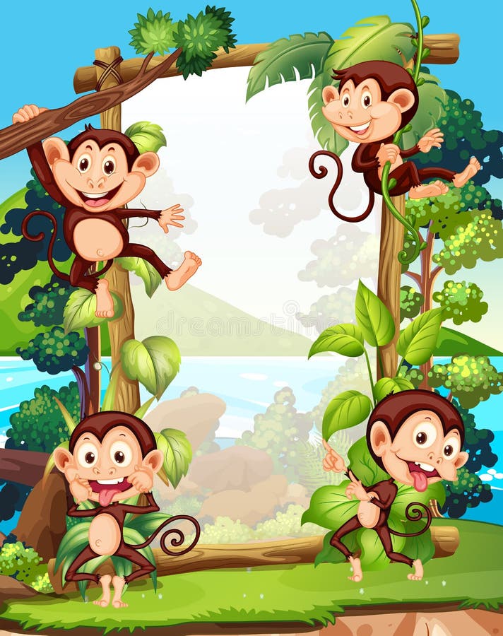 Border Design with Four Monkeys Stock Vector - Illustration of animal ...
