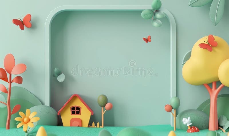Border Frame with Abstract 3d Cartoon Tree and House Stock Illustration ...