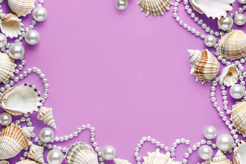 Border Frame Template of Various Shells and Pearls on Light Blue ...