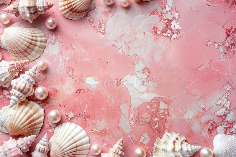 Border Frame Template of Various Shells and Pearls on Pink Marble ...