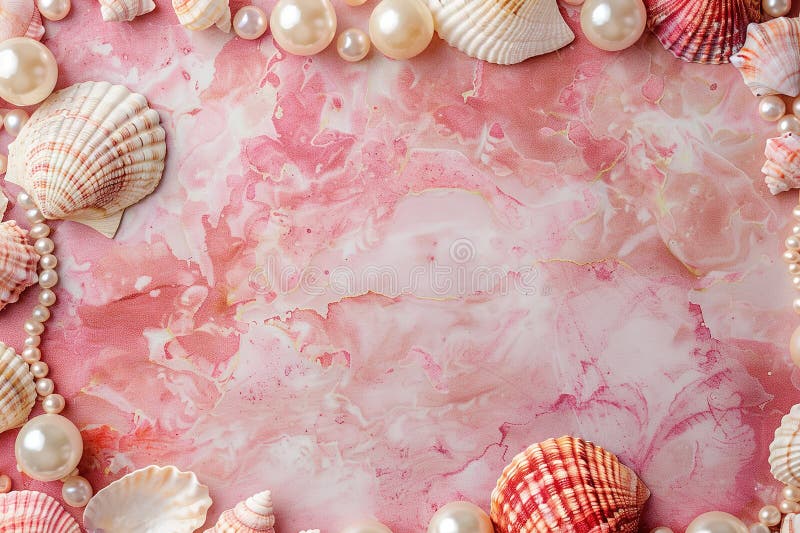 Border Frame Template of Various Shells and Pearls on Pink Marble Stone ...
