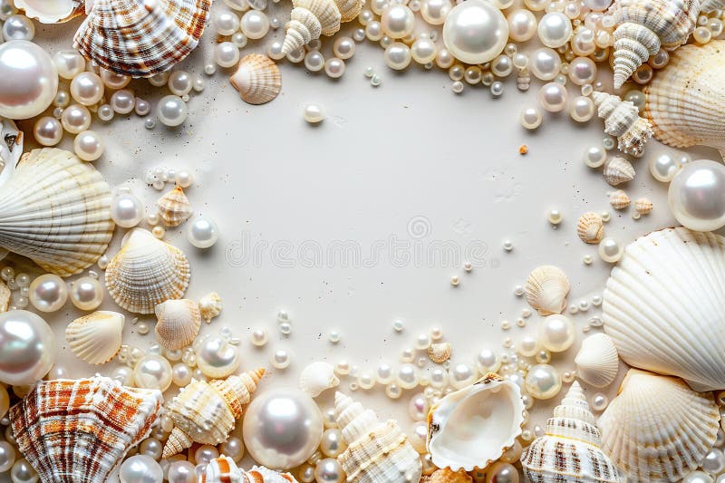 Border Frame Template of Various Shells and Pearls on White Background ...