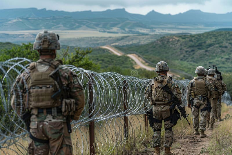 Border Guards with Weapons Stand Along the Border with Barbed Wire ...