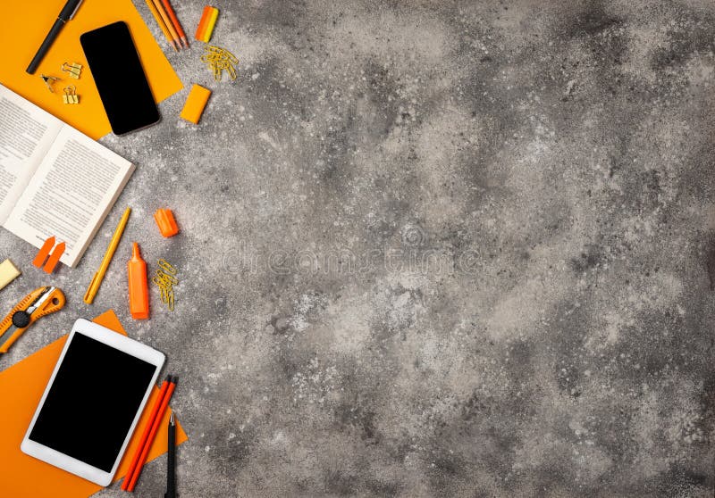 Border of Orange Office Accessories and Gadgets. Top View with Copy ...