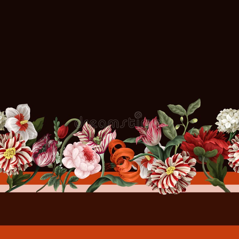 Border Pattern with Oil Painting Rococo Still-lifes Flowers. Vector ...