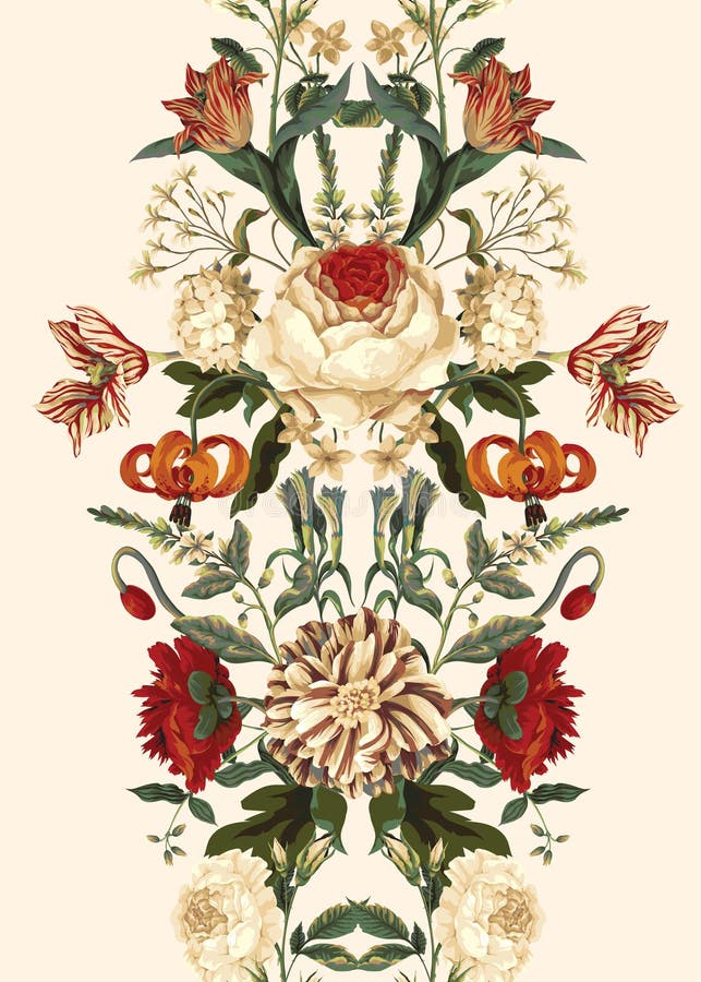 Border Pattern with Oil Painting Rococo Still-lifes Flowers. Vector ...