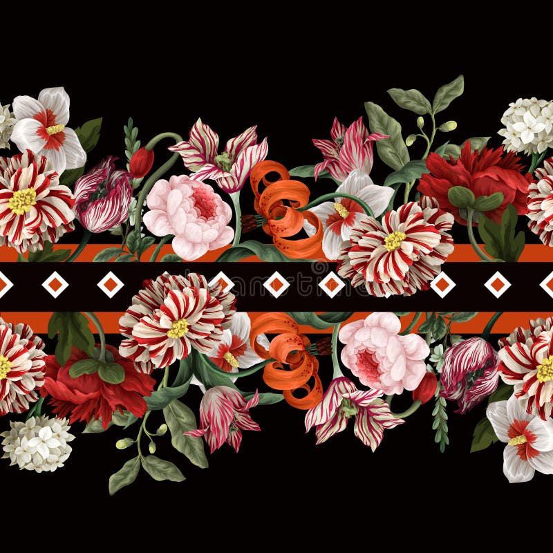 Border Pattern with Oil Painting Rococo Still-lifes Flowers. Vector ...