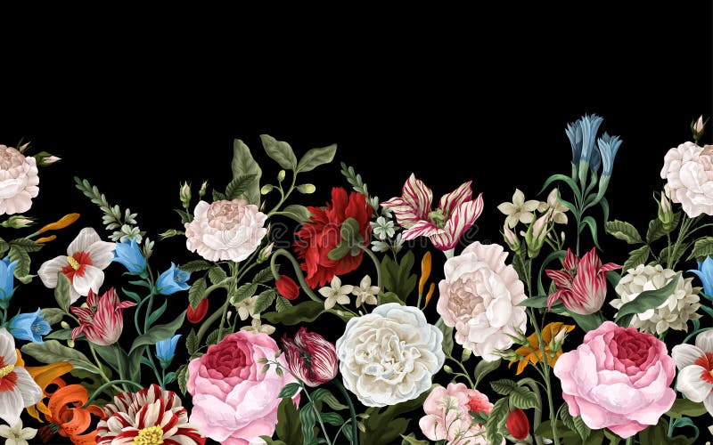 Border Pattern with Oil Painting Rococo Still-lifes Flowers. Vector ...