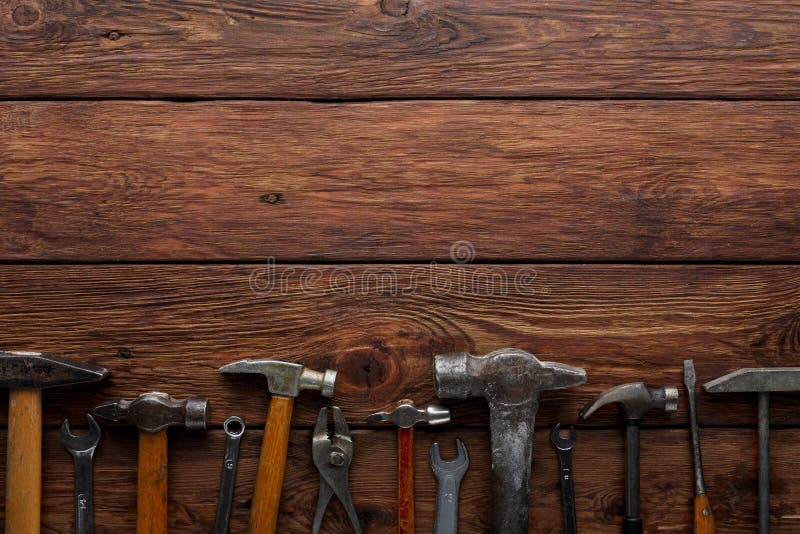 Border Of Repair Tools On Wood Background With Copy Space Stock Photo ...