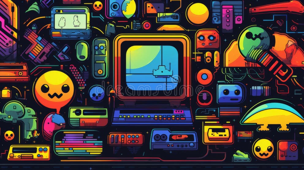 A Border of Retro Arcade Game Graphics and Icons Stock Illustration ...