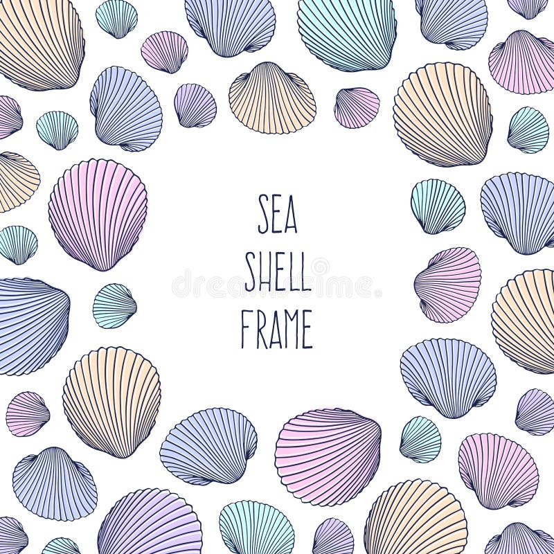 Border Shell Frame. Vector Illustration of Hand Drawn Seashells in ...