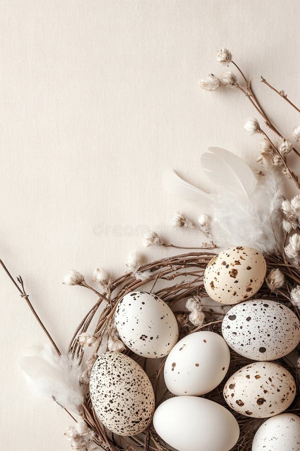 A Border of Speckled Quail Eggs and Fluffy Feathers Forms a Rustic Nest ...