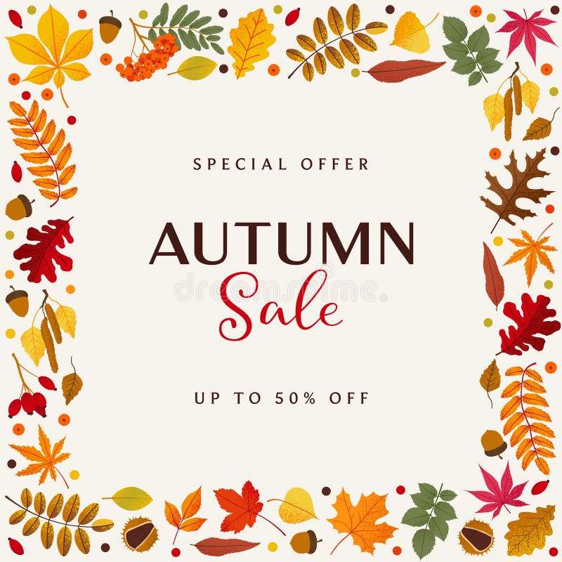 Border Square Frames with Different Autumn Leaves. Autumn Sale Design ...