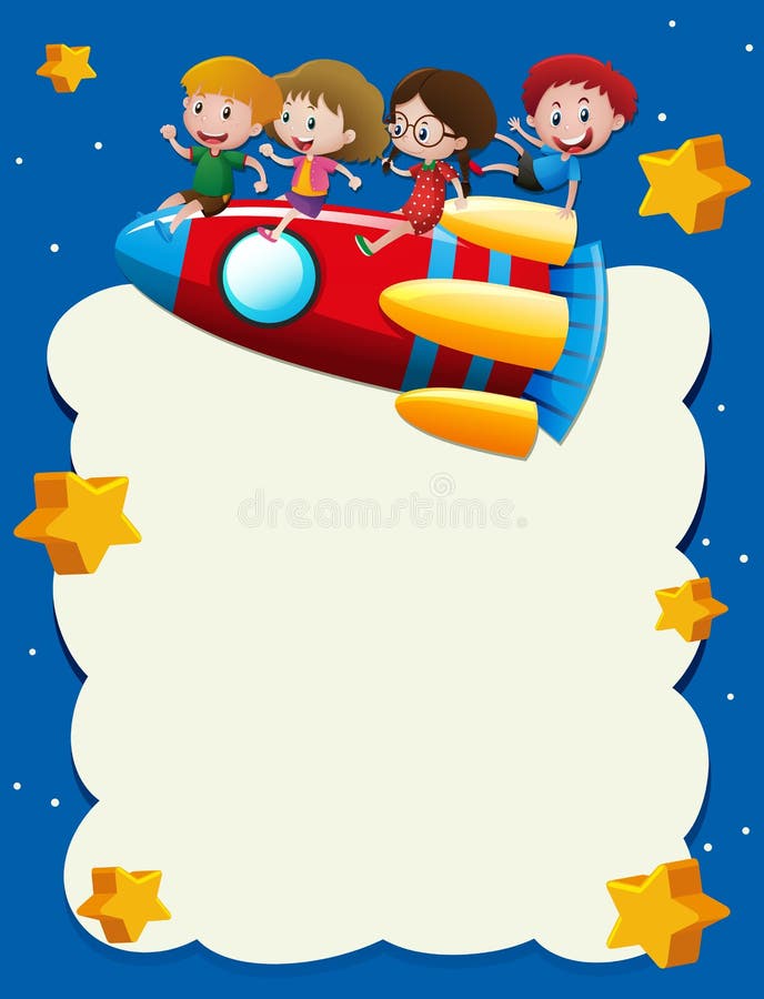 Border Template with Kids Riding on Rocket in Space Stock Vector ...