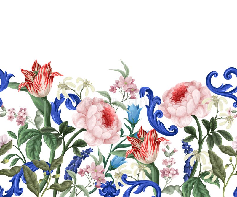 Border with Victorian Vintage Flowers and Baroque Elements. Vector ...